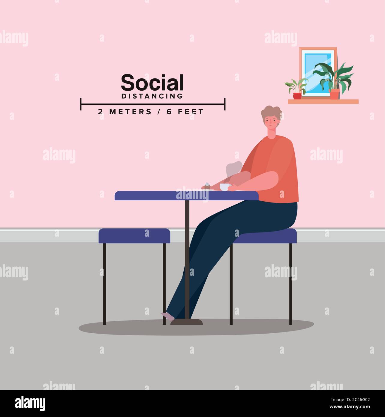 Social distancing of man on table with coffee mug design of Covid 19 ...