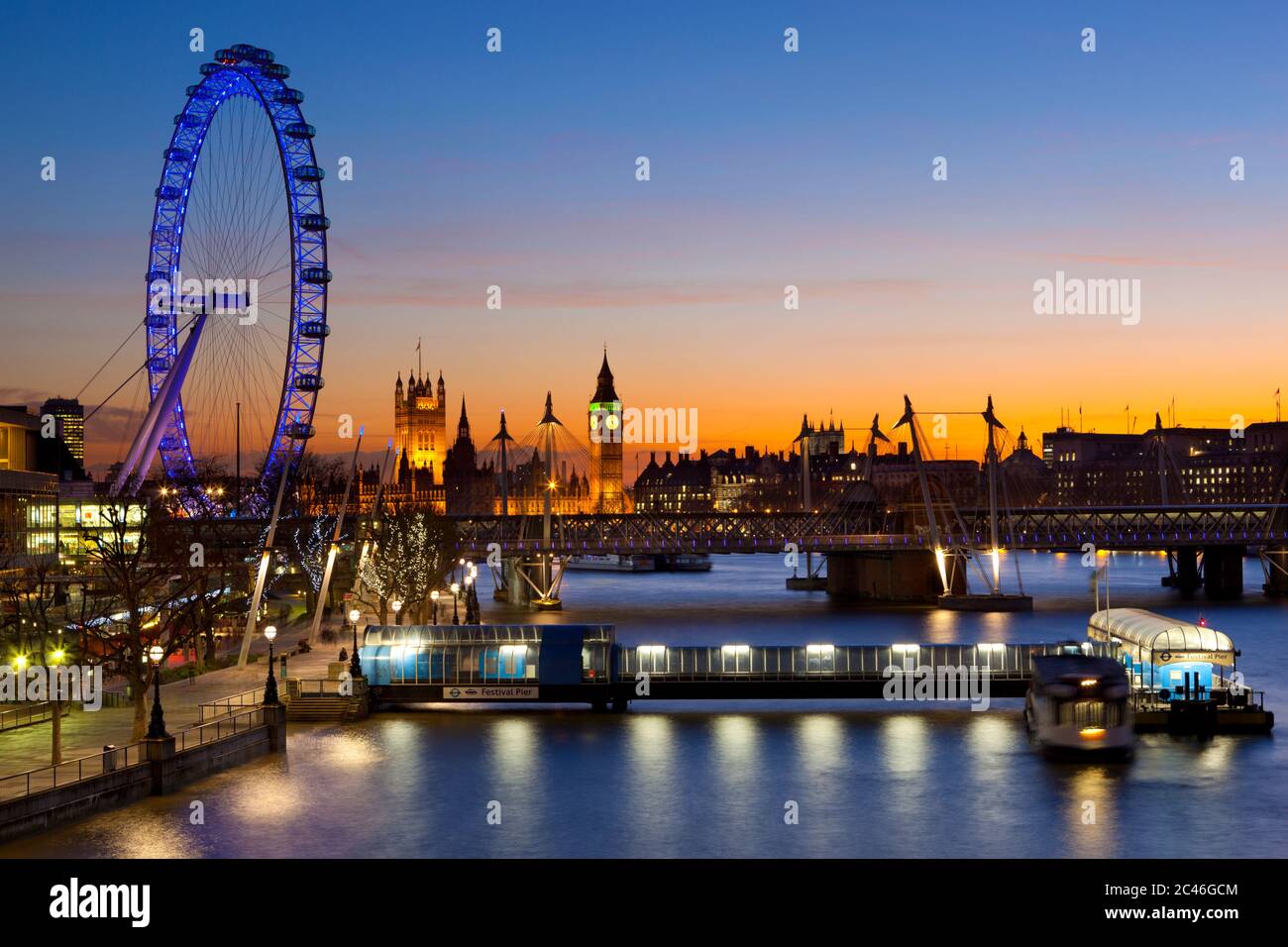 View from Waterloo Bridge over River Thames to the London Eye and ...