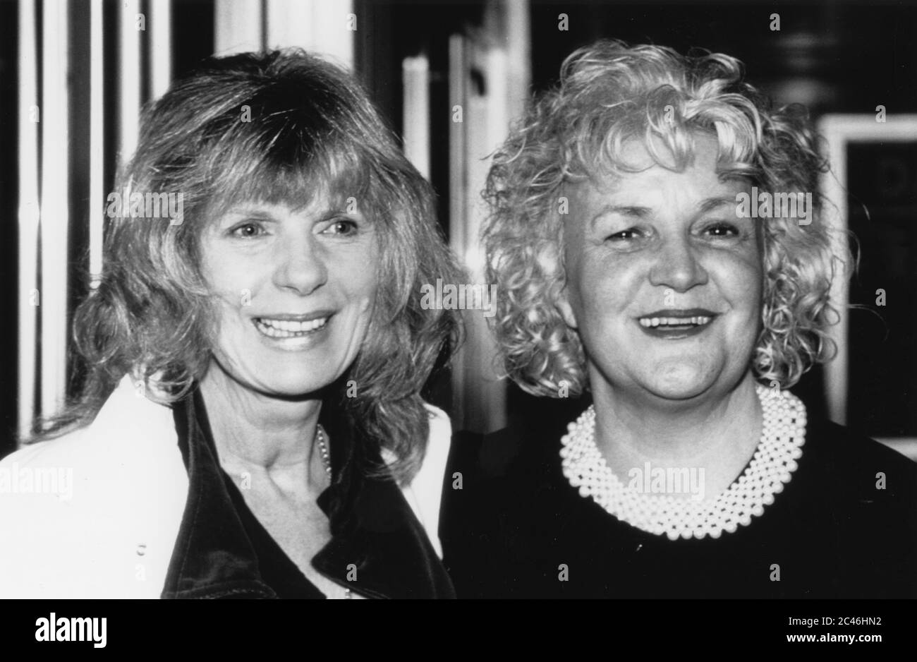 London, UK. LIBRARY. Carla Lane (1928-2016) and Jean Boht (born 1932 ...