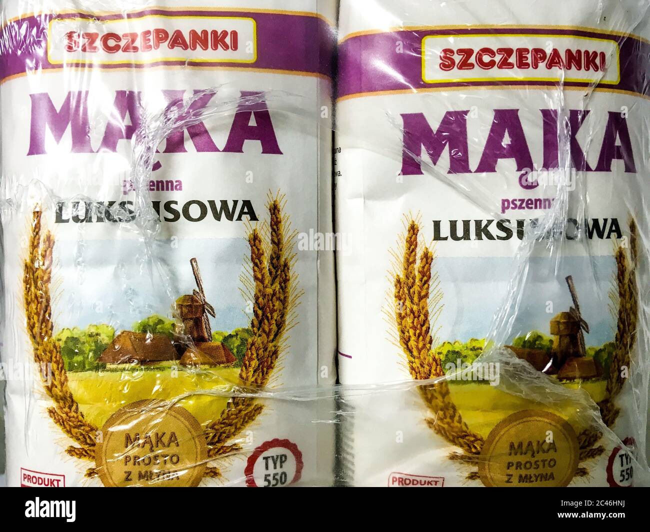 Packets of Polish T550 wheat flour Maka Stock Photo - Alamy