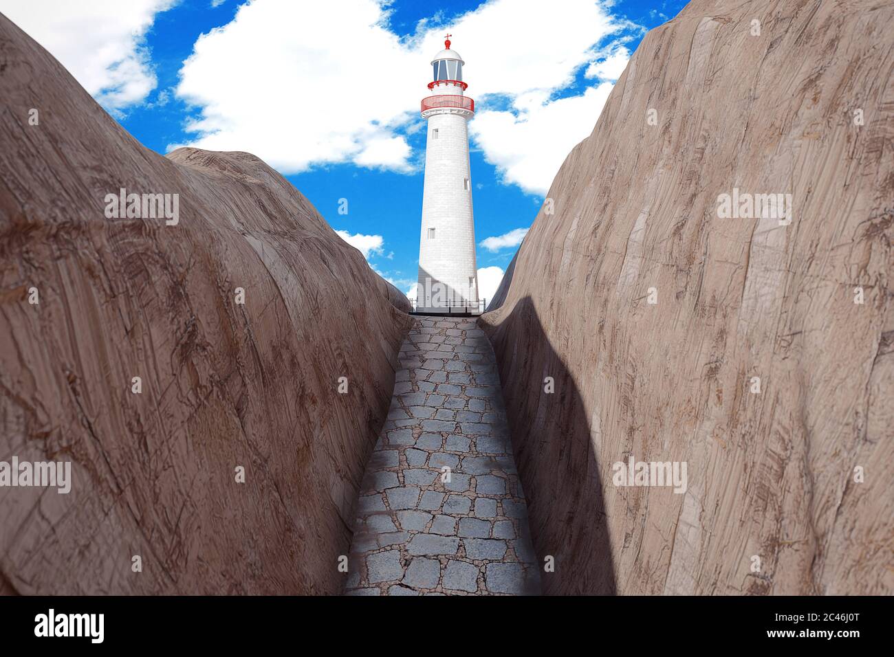 Lighthouse Between Two Rocks on a Blue Sky Background. 3d Rendering ...
