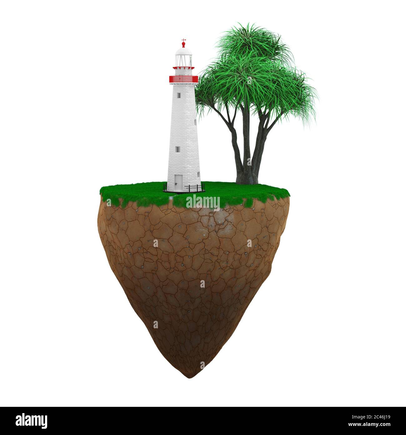 Lighthouse with Palm Tree and Grass on a Flying Island on a white ...