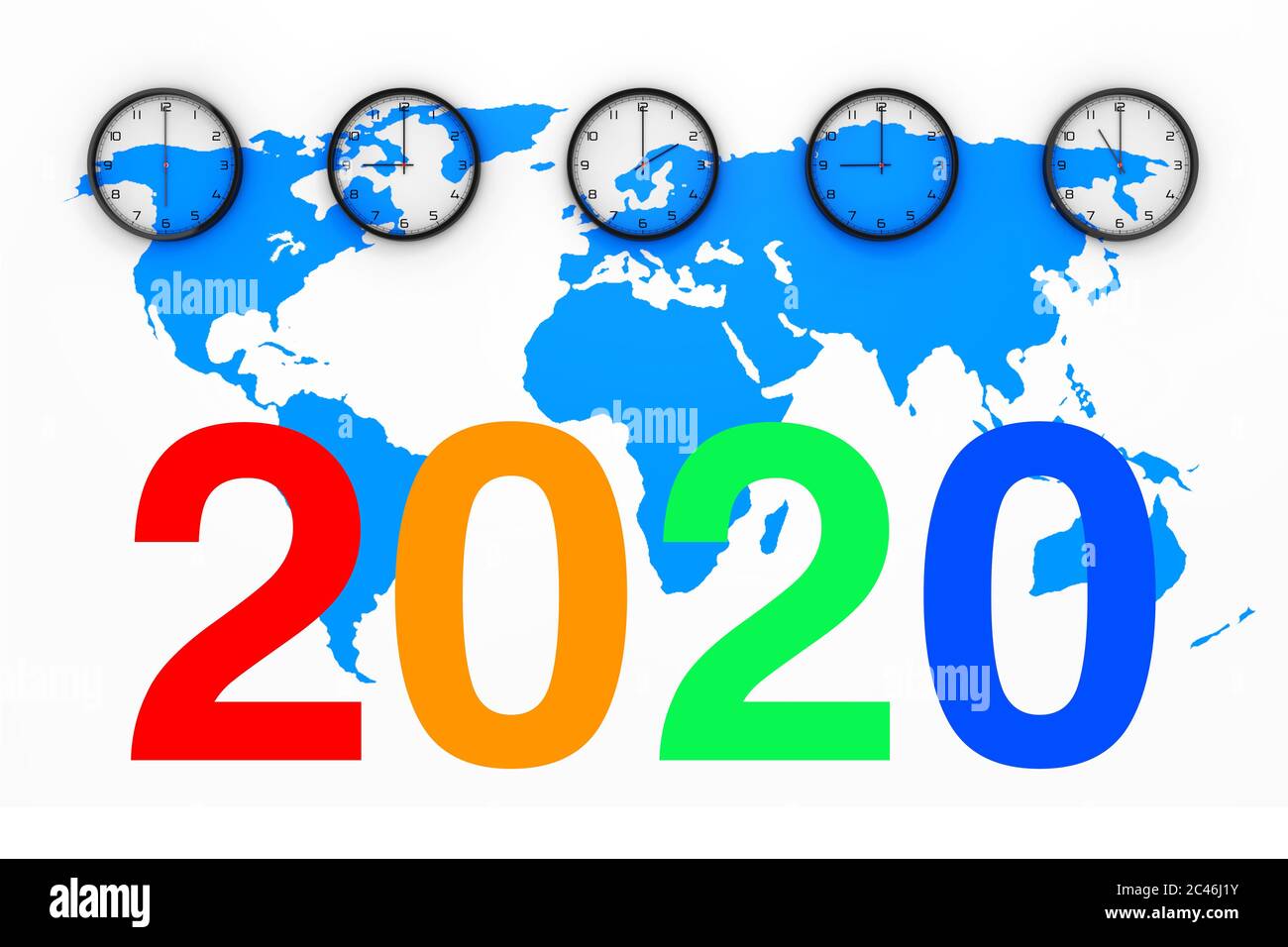Set of Clocks with Different World Time, Blue World Map and New 2020 ...