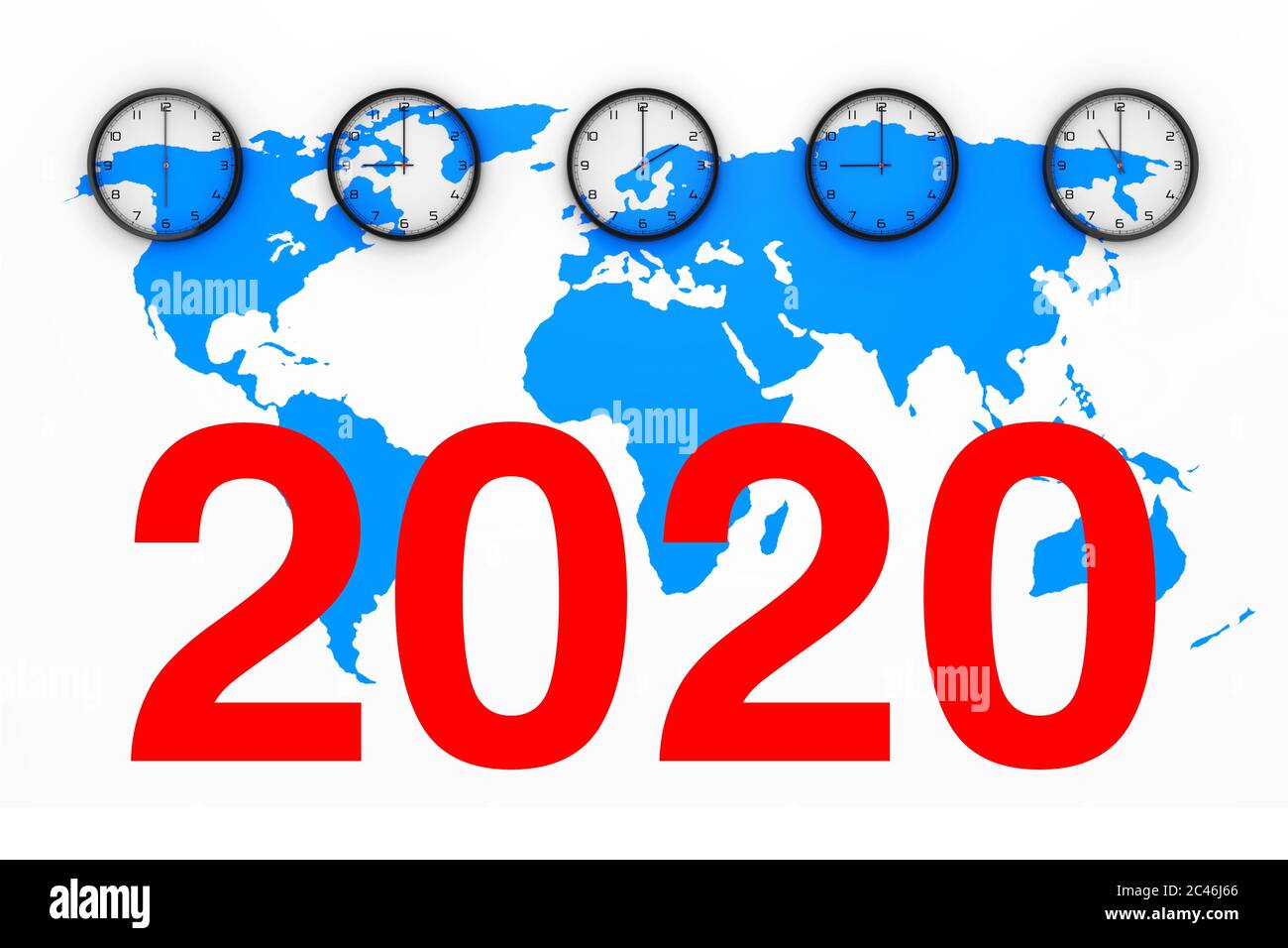Set of Clocks with Different World Time, Blue World Map and New 2020 ...