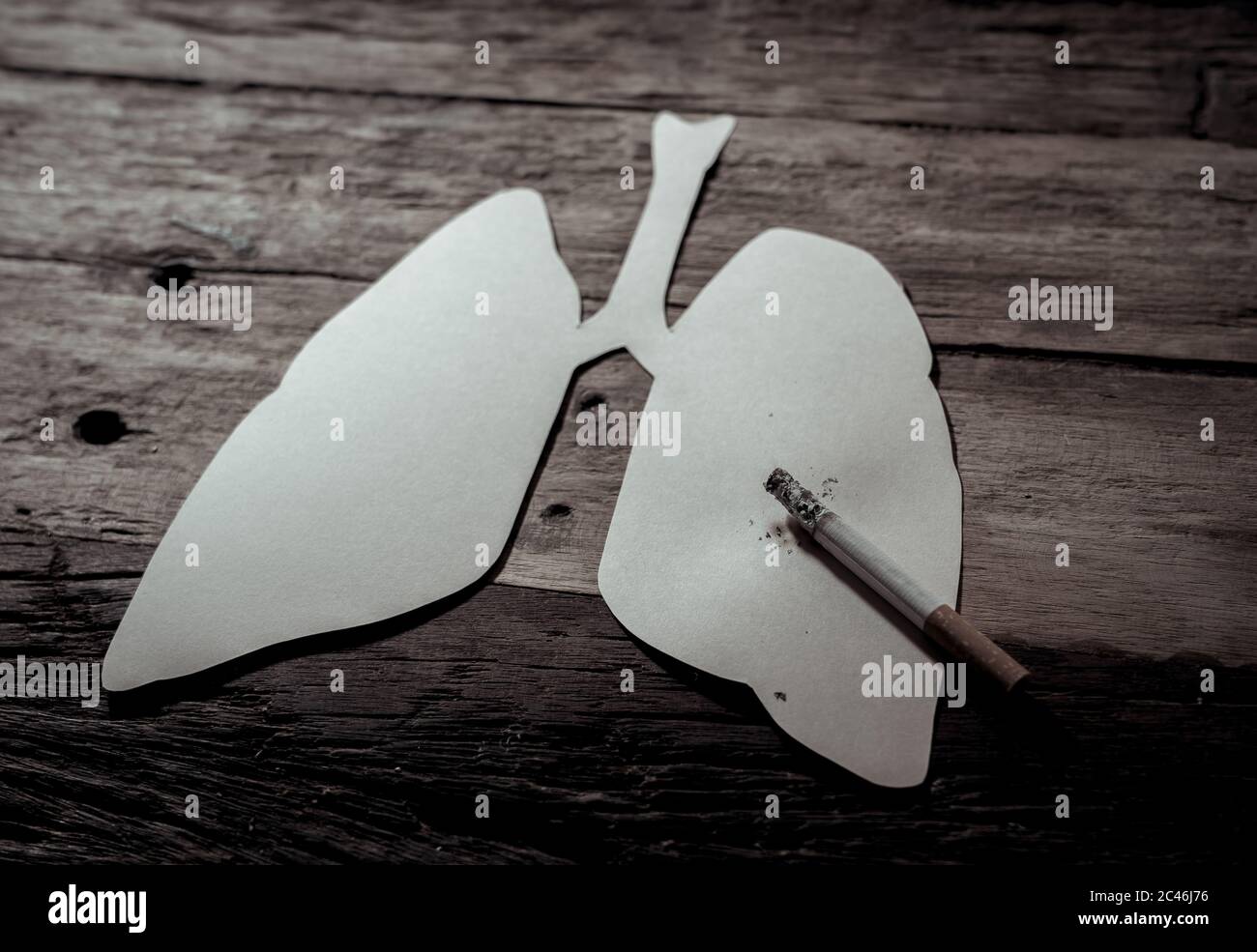 Conceptual image of cigarette burning on paper lungs isolated on rustic ...