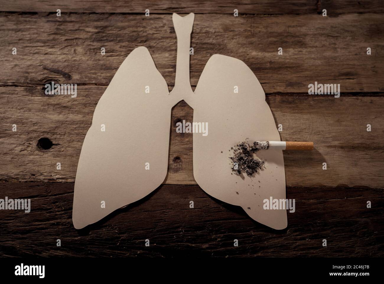 Conceptual image of cigarette burning on paper lungs isolated on rustic ...
