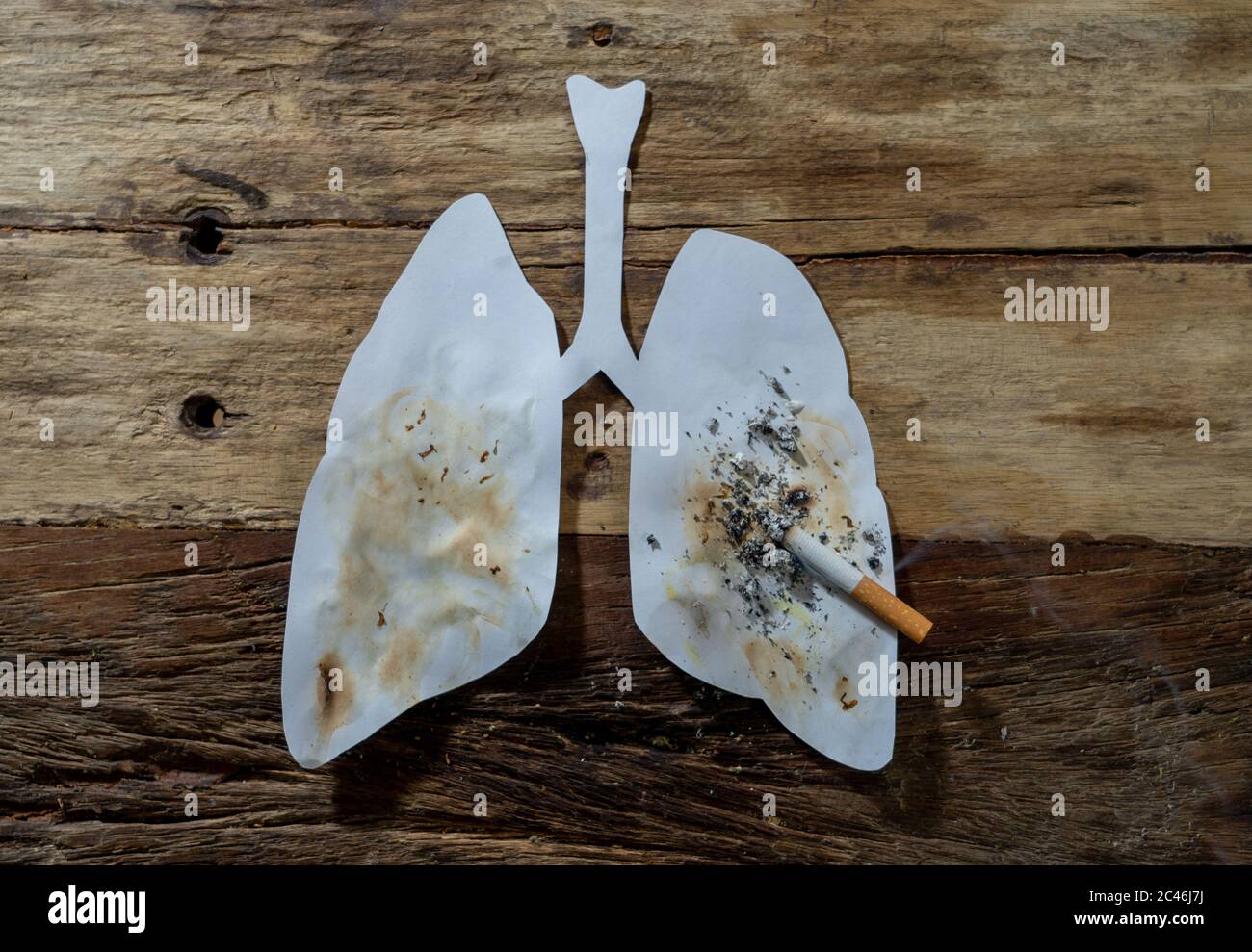 Conceptual image of cigarette burning on paper lungs isolated on rustic ...