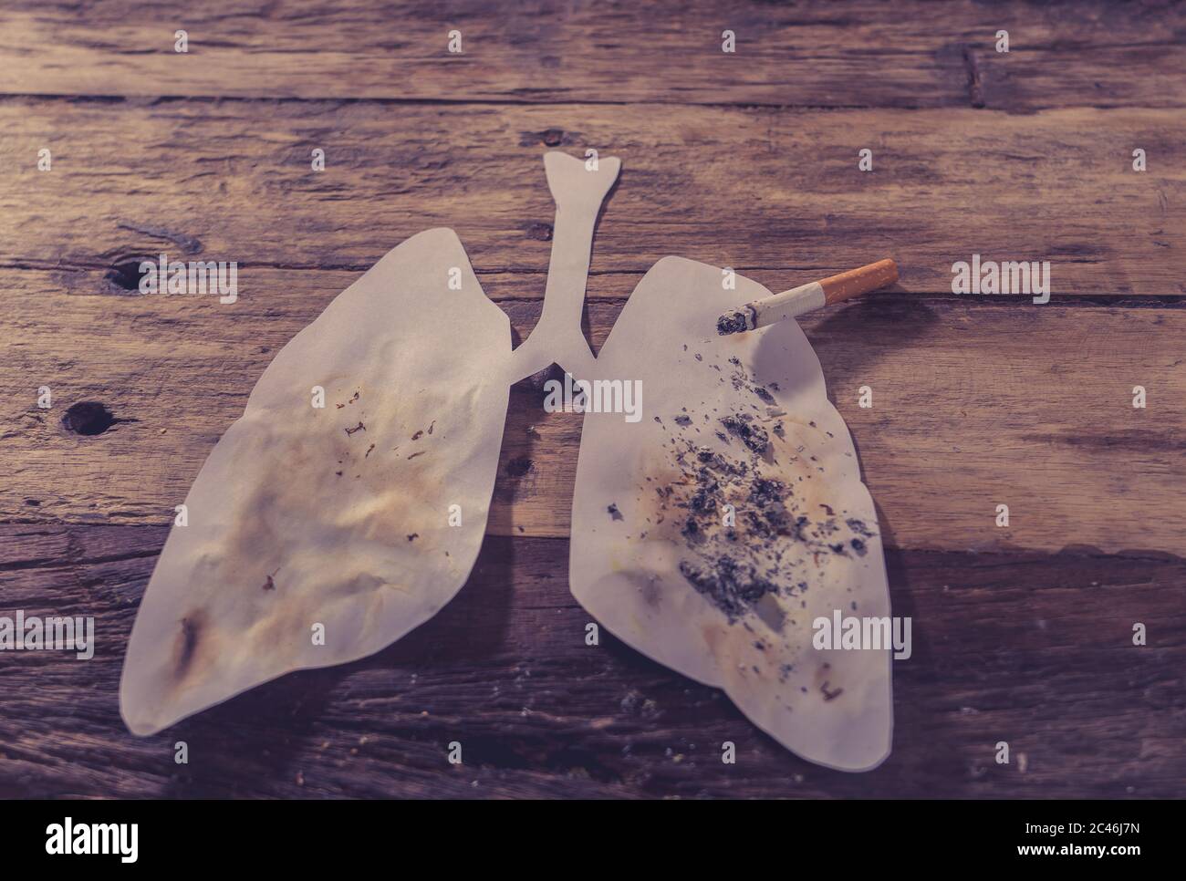Conceptual image of cigarette burning on paper lungs isolated on rustic ...