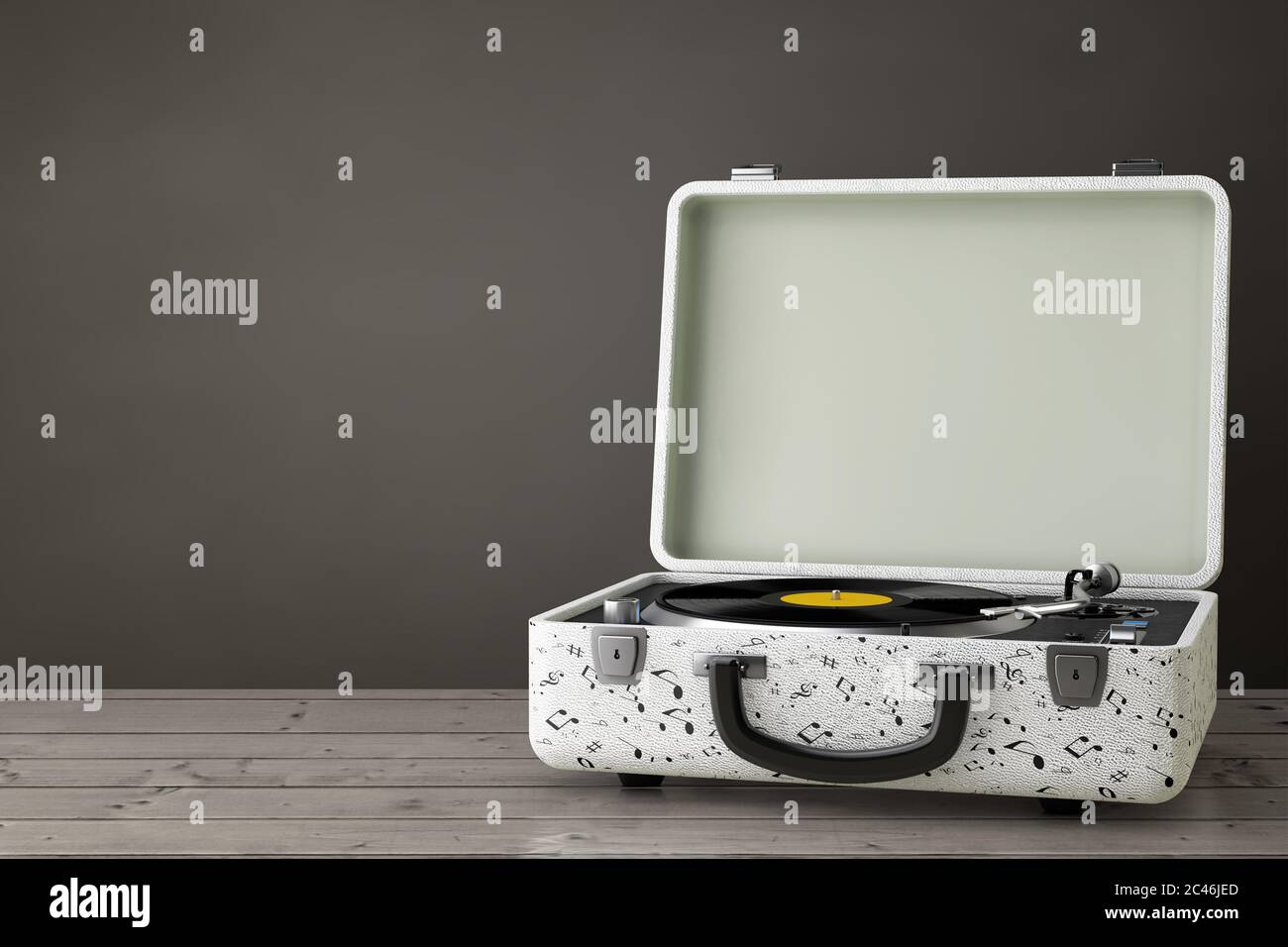 Portable Vintage Style Music Player Turntable in White Case on a wooden ...