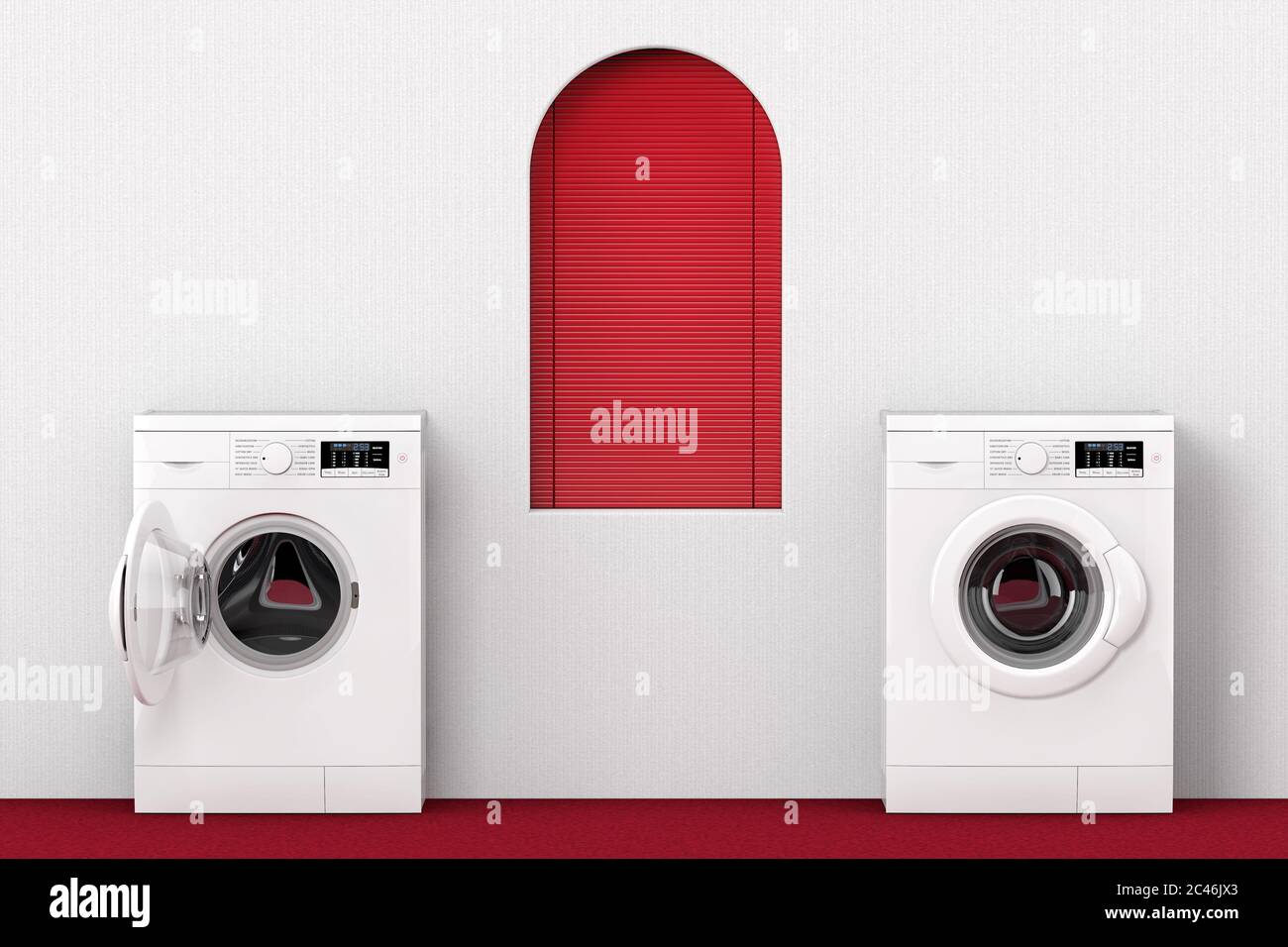 Modern Washing Machine near Red Window extreme closeup. 3d Rendering ...