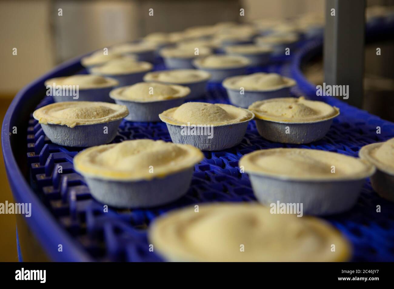 Meat pies come down the production line at a meat processing facility ...