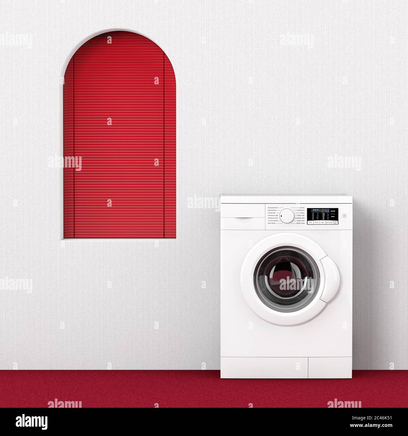Modern Washing Machine near Red Window extreme closeup. 3d Rendering ...