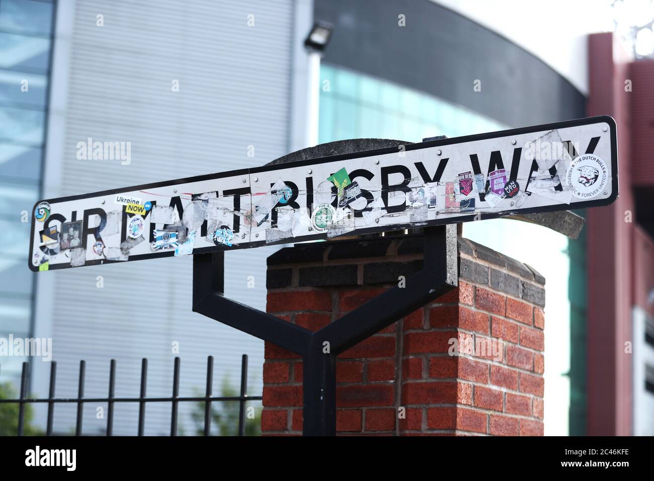 A general view of the Sir Matt Busby Way road sign near Old Trafford in ...
