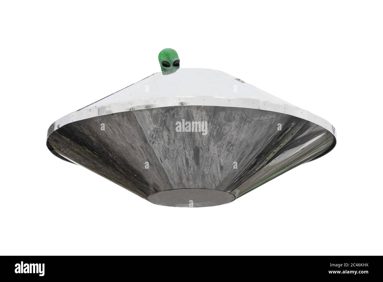 Metal UFO Alien Spaceship with Green Alien Person Head on a white ...