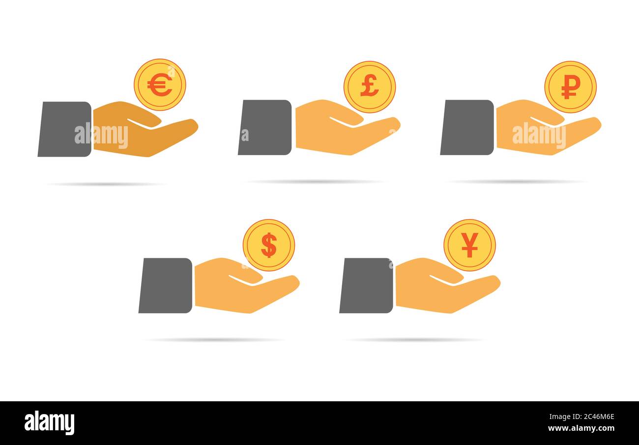 set of colored icons, an outstretched palm and a coin of different ...