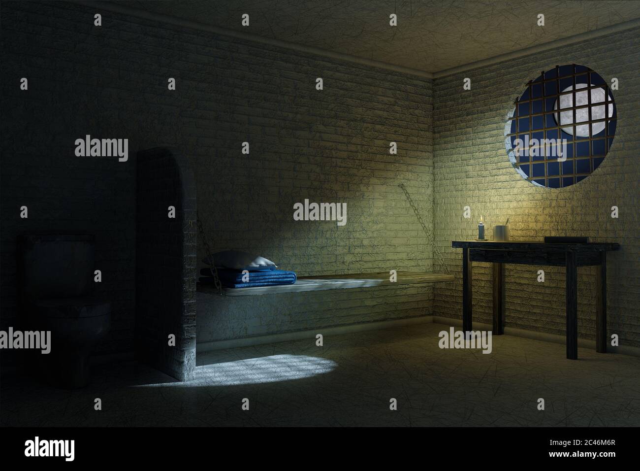 Dark Old Prison Cell Interior for One Person with Bed, Table, Toilet ...