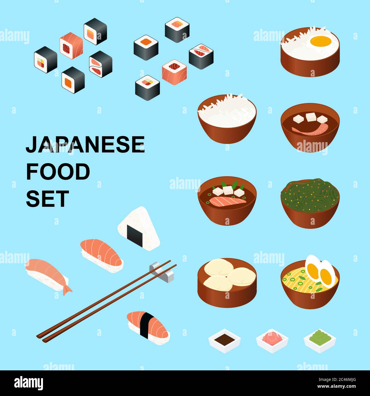 Japanese food set isolated on blue background. icons of asian ...