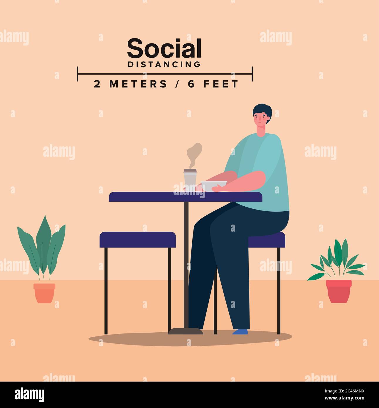 Social distancing of man on table with coffee mug design of Covid 19 ...