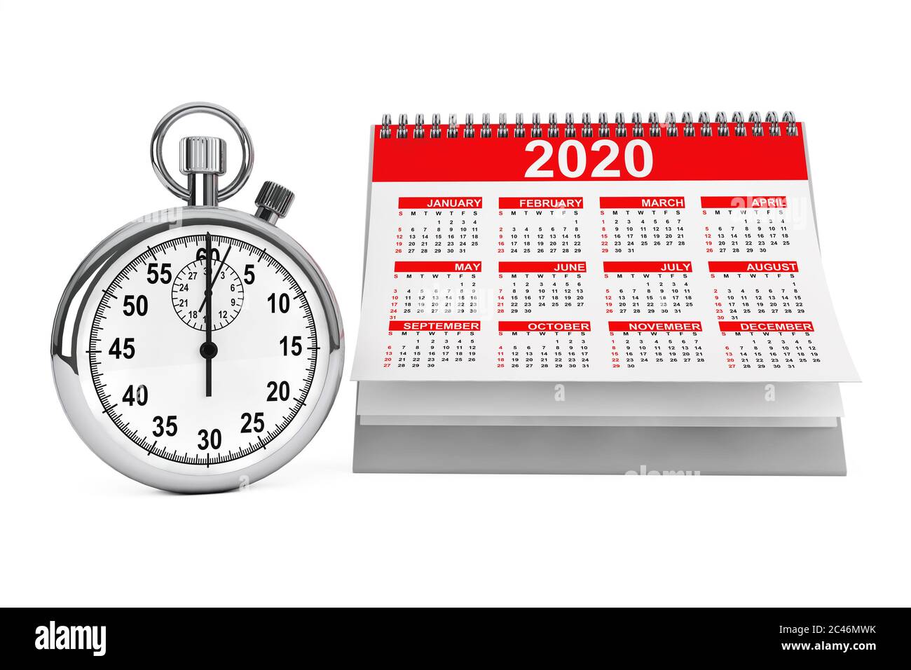 2020 year calendar with stopwatch on a white background. 3d Rendering ...