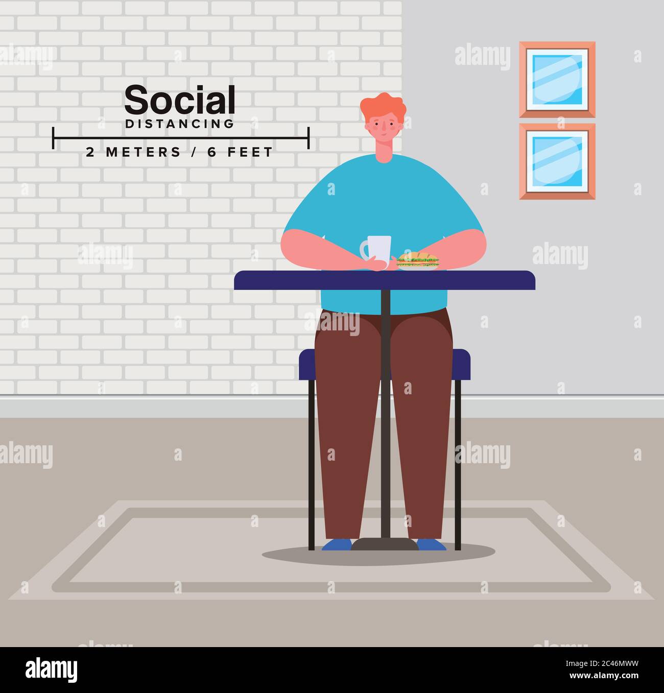 Social distancing of man on table with coffee mug design of Covid 19 ...