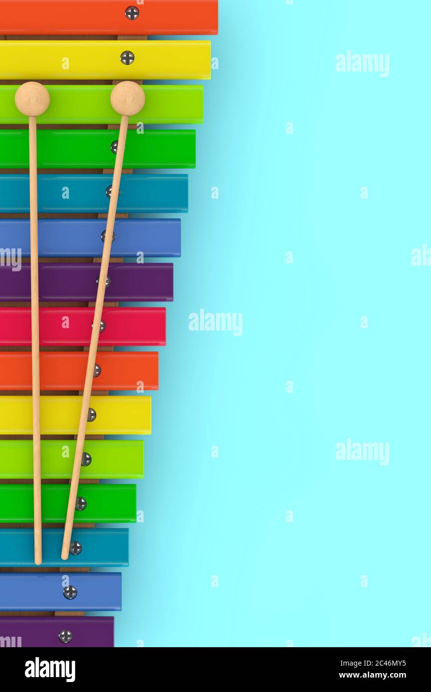 Colorful Wooden Xylophone with Mallets on a blue background. 3d ...