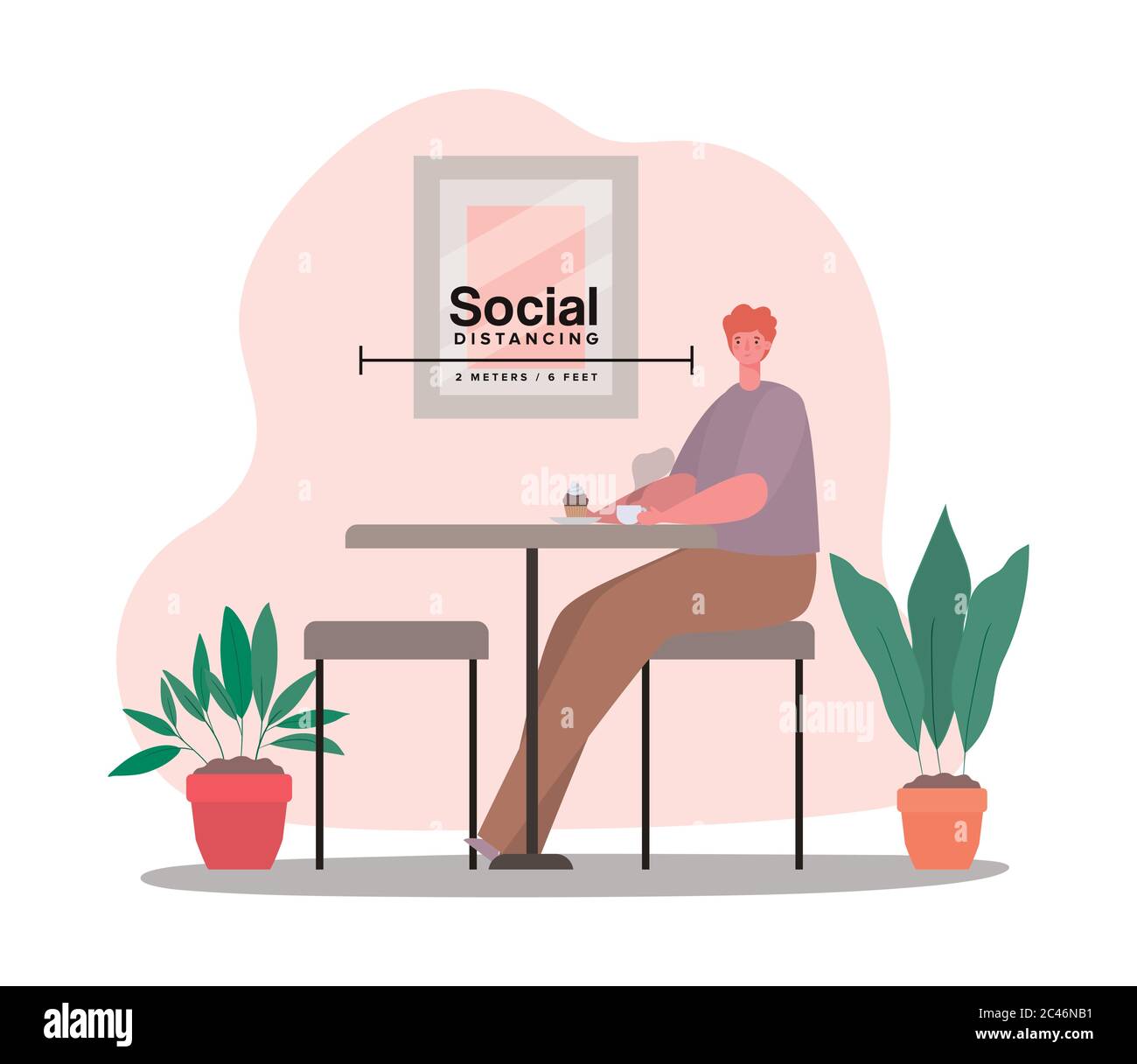 Social distancing of boy cartoon at table design of Covid 19 virus ...