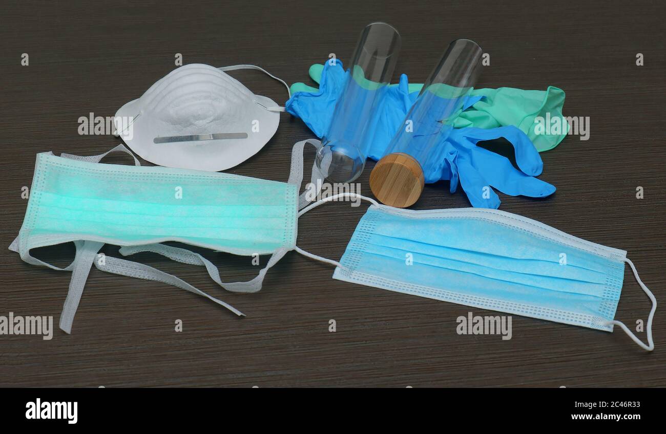 Medical equipment face masks and test tubes used in laboratory Stock ...