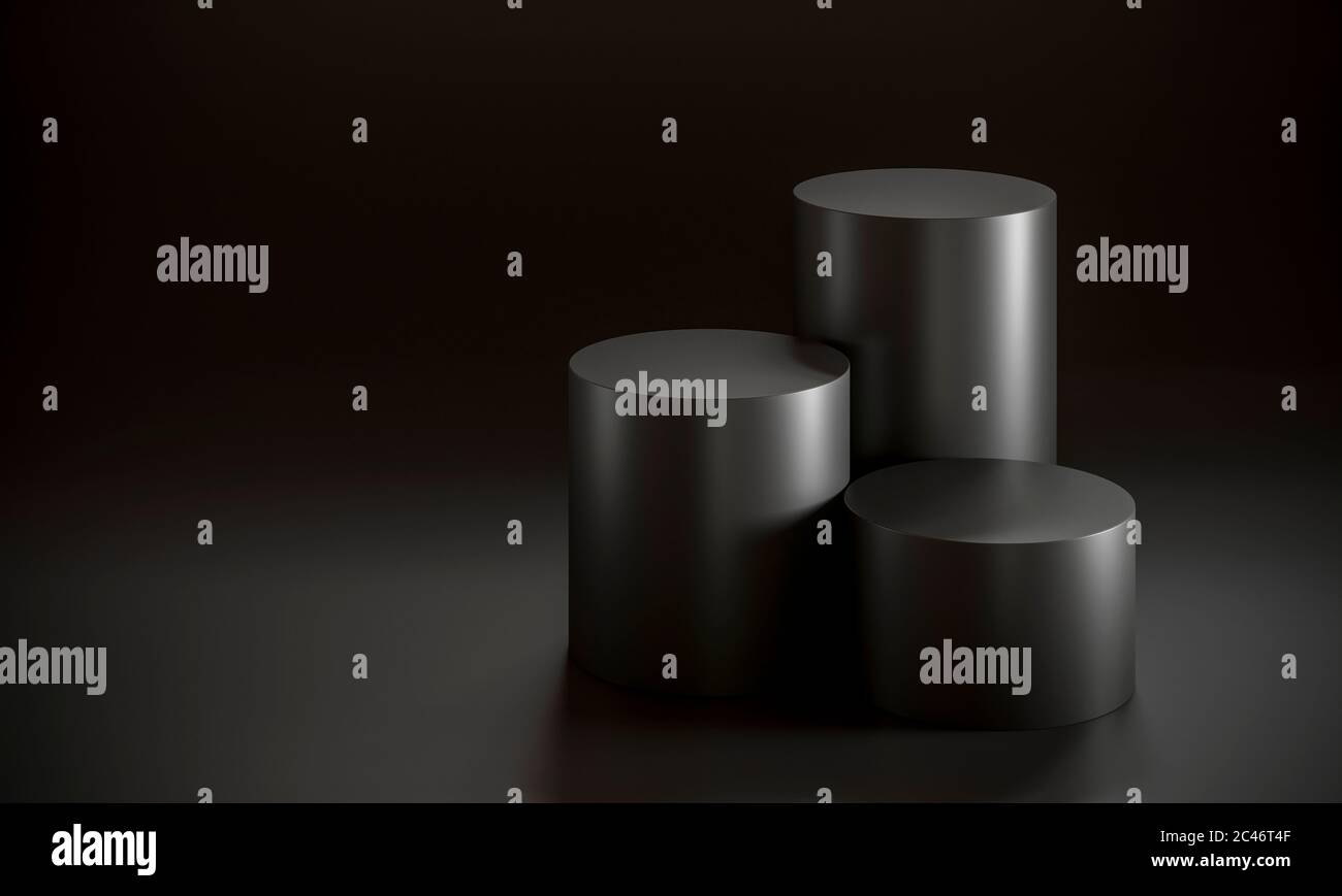black cylinders podium concept on black. 3d render. abstract and ...