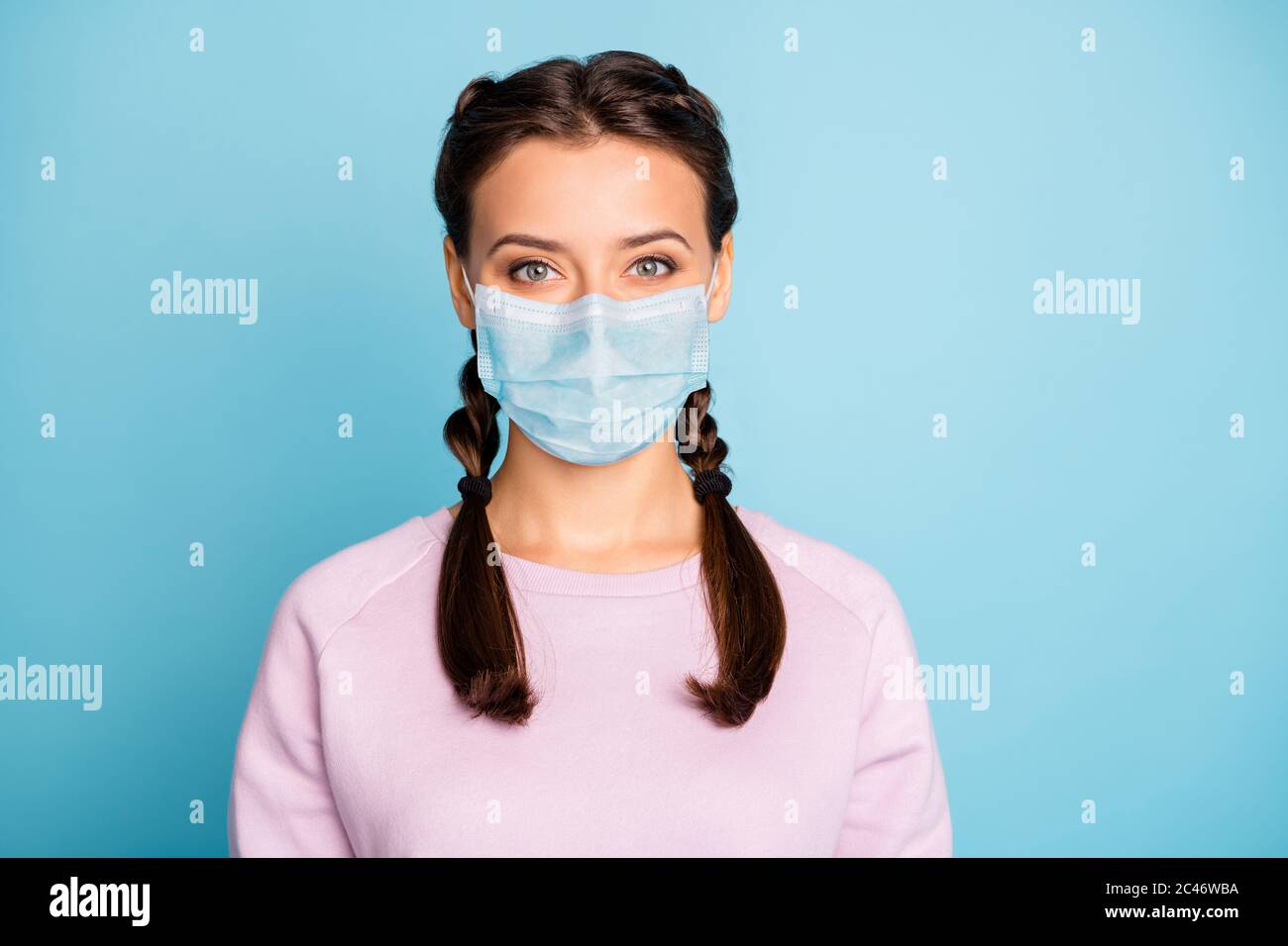Close-up portrait of her she nice attractive girl wearing safety mask ...