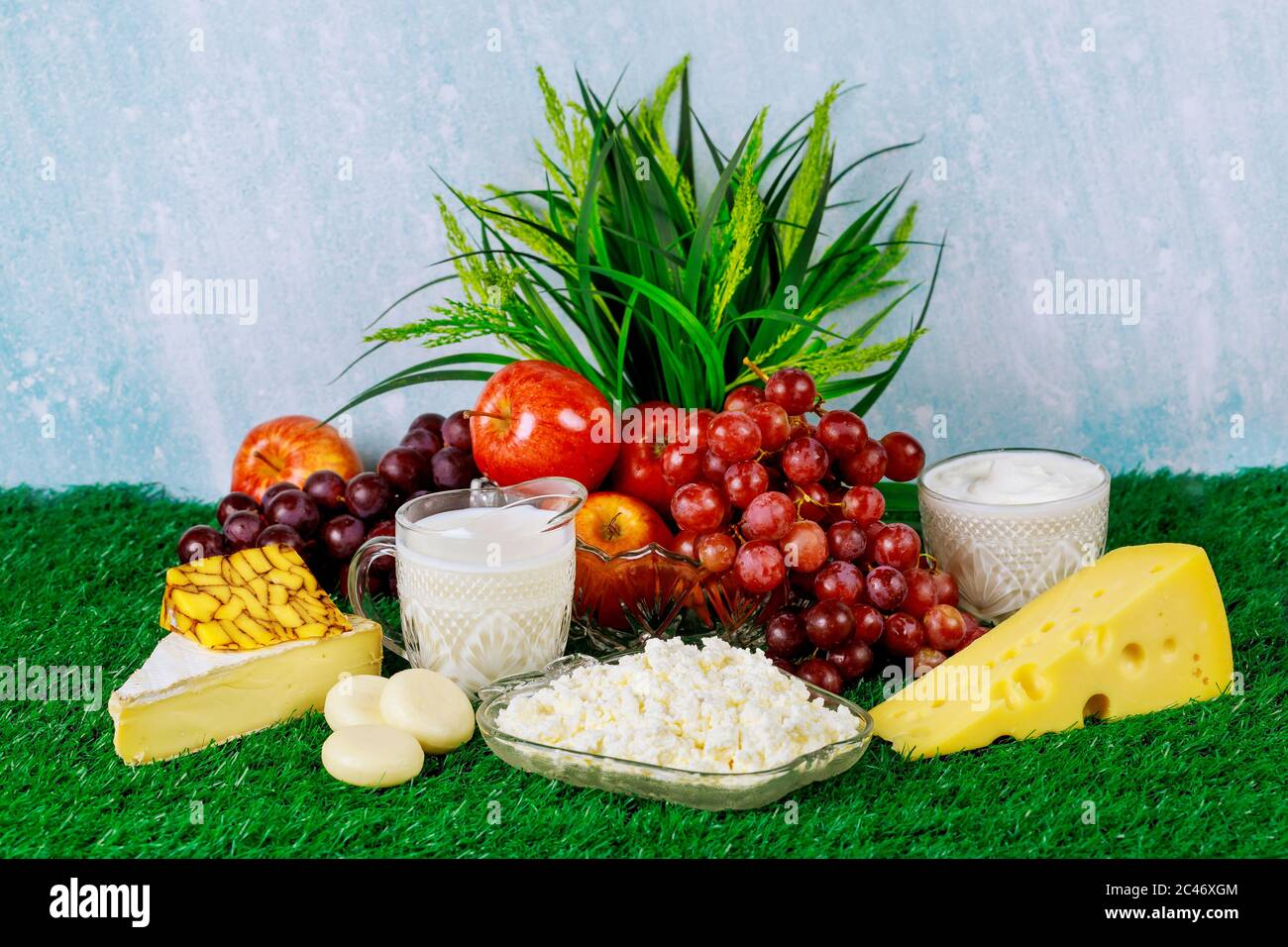 Fresh fruit and dairy products milk, cottage cheese for shavuot jewish ...
