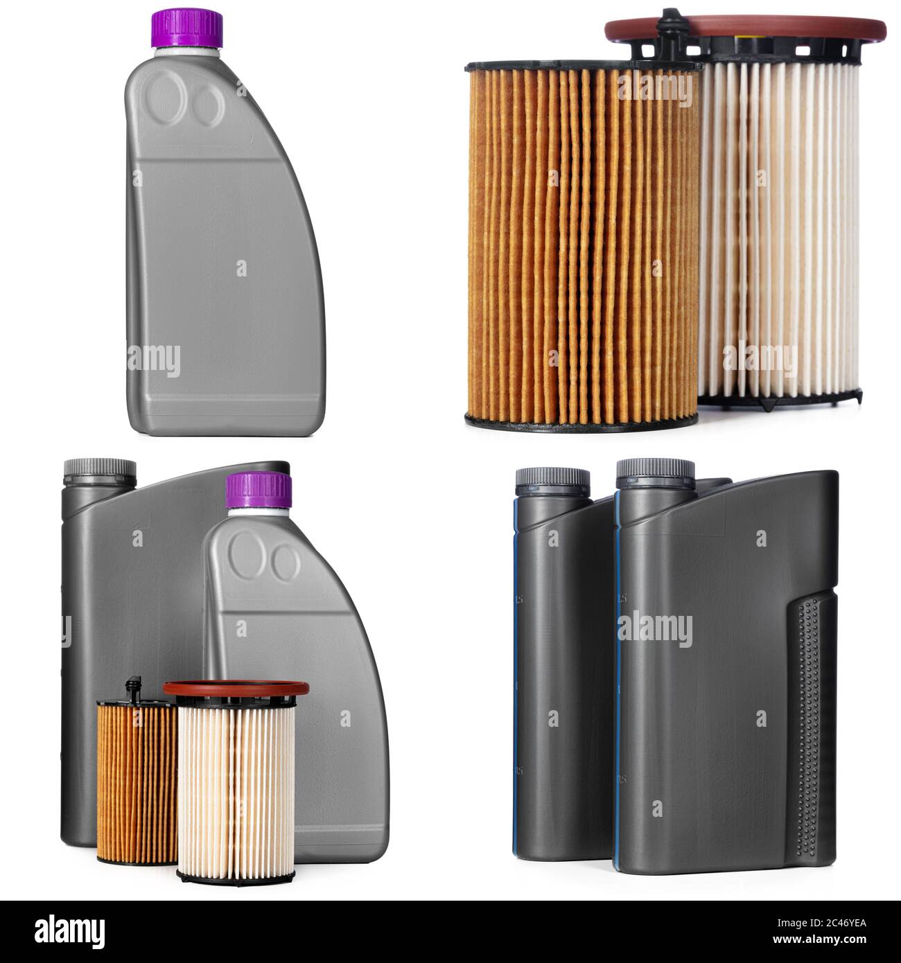 Car parts: air filters and engine oil on white background Stock Photo ...