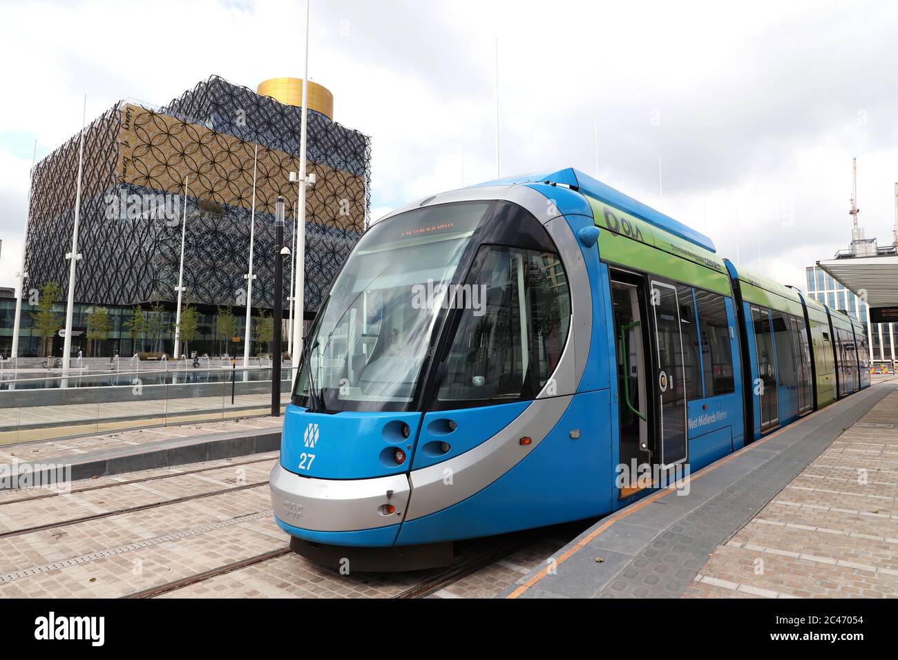 A metro tram sits on the new platform on Broad Street, Birmingham with ...