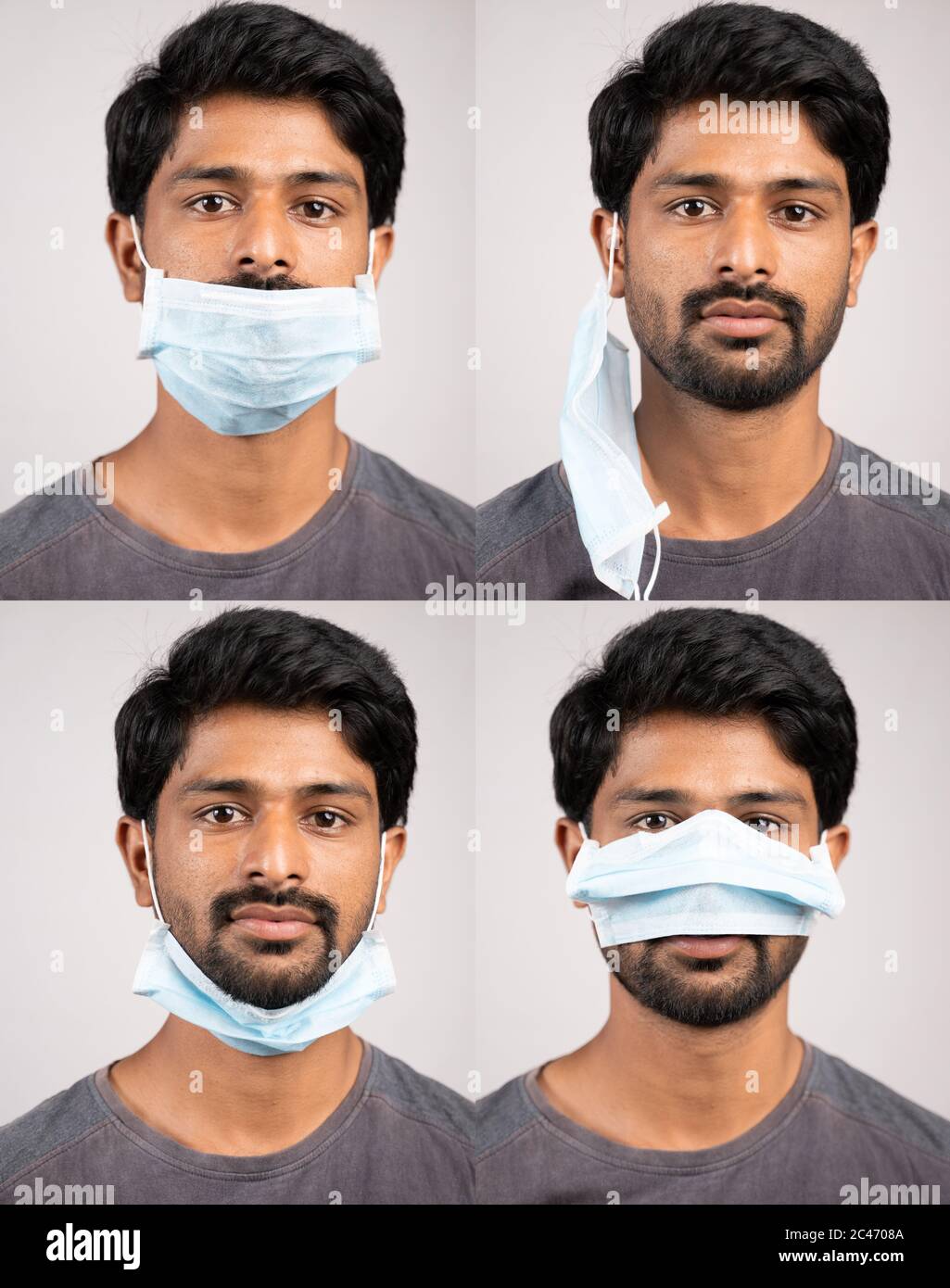 Collage of young man in improperly using surgical face masks ...