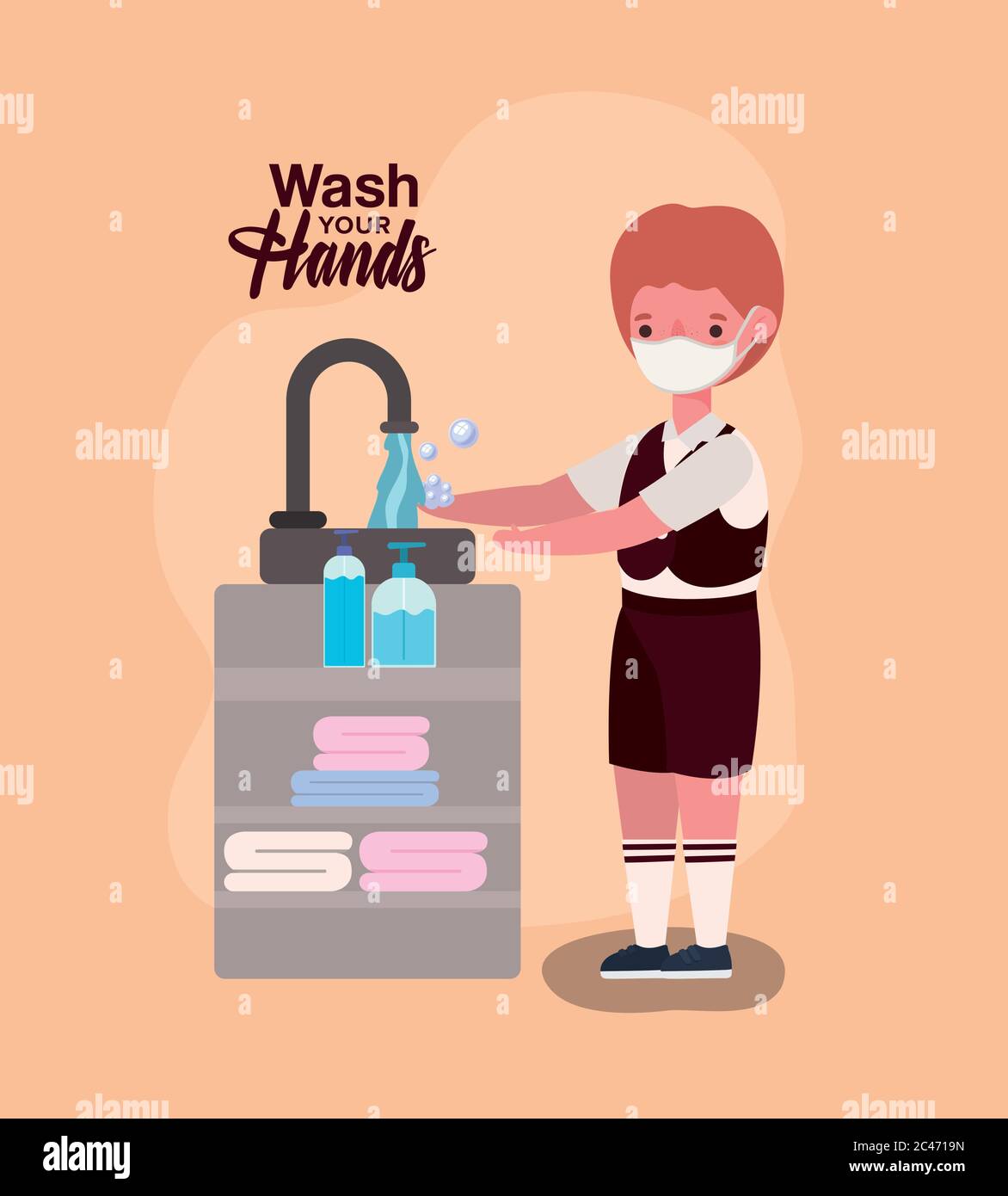 Boy kid with medical mask washing hands design, Back to school and ...