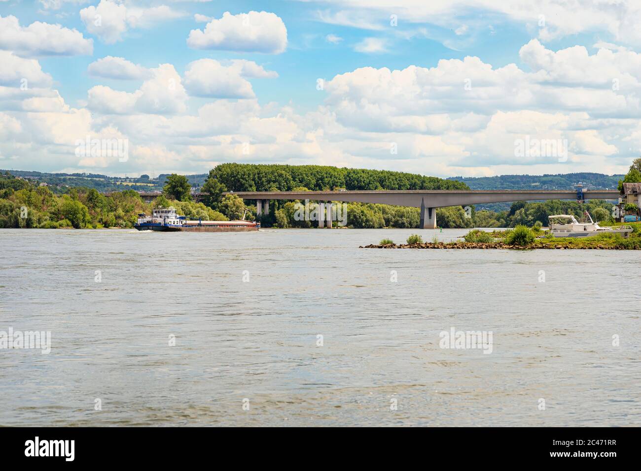 Concrete road bridge on the highway over the river in western Germany ...