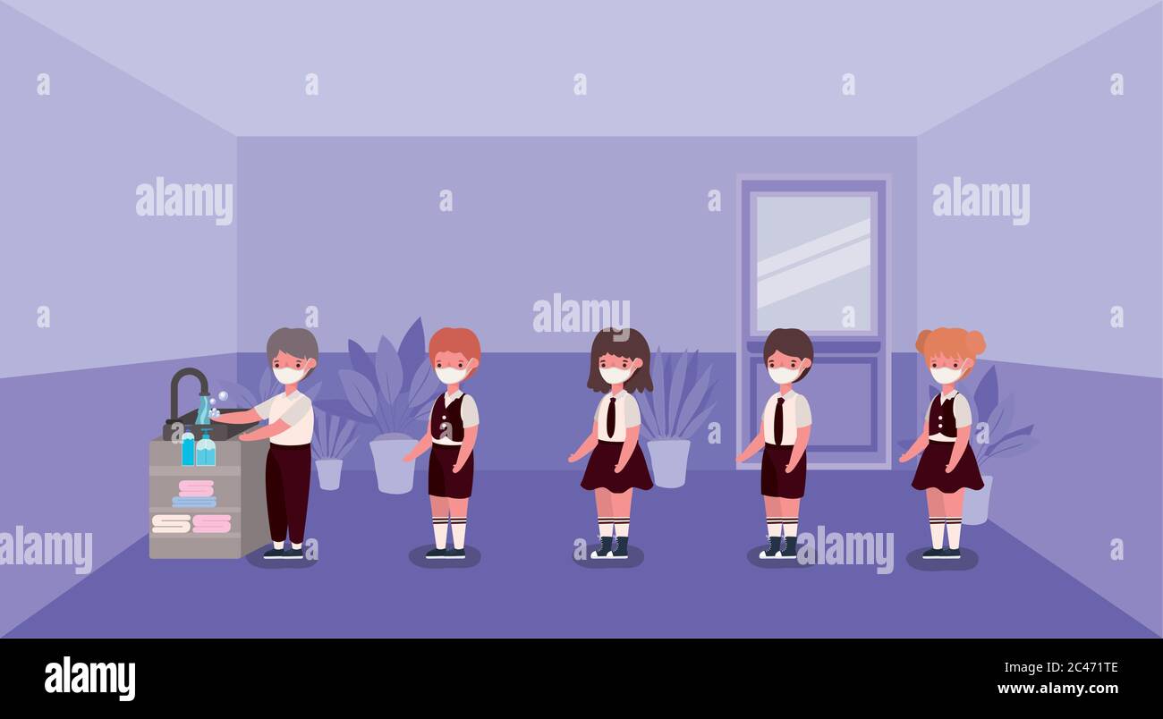 Girls and boys kids with medical masks washing hands design, Back to ...
