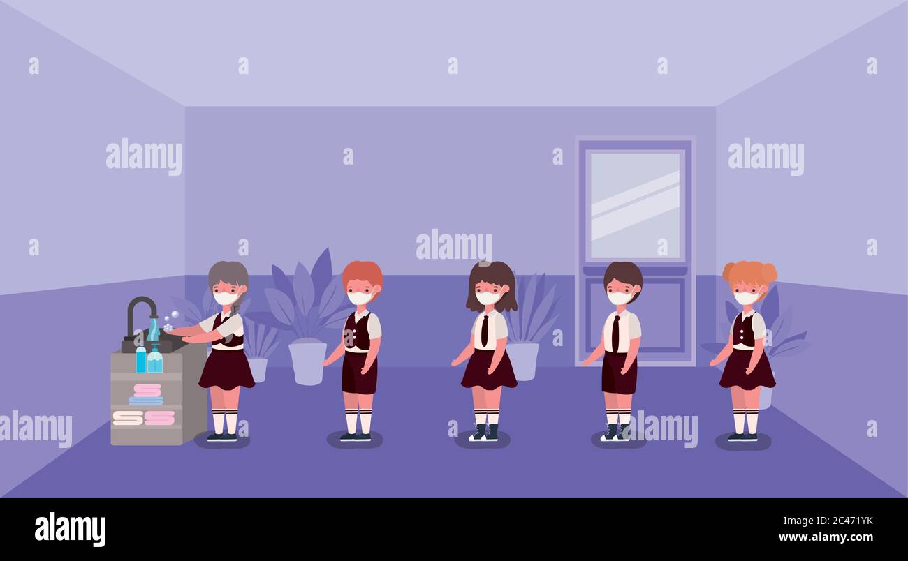 Girls and boys kids with medical masks washing hands design, Back to ...