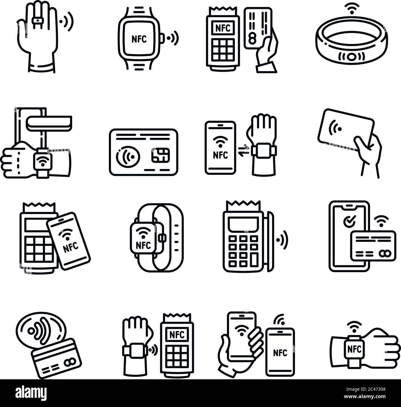 Nfc technology icons set. Outline set of nfc technology vector icons ...
