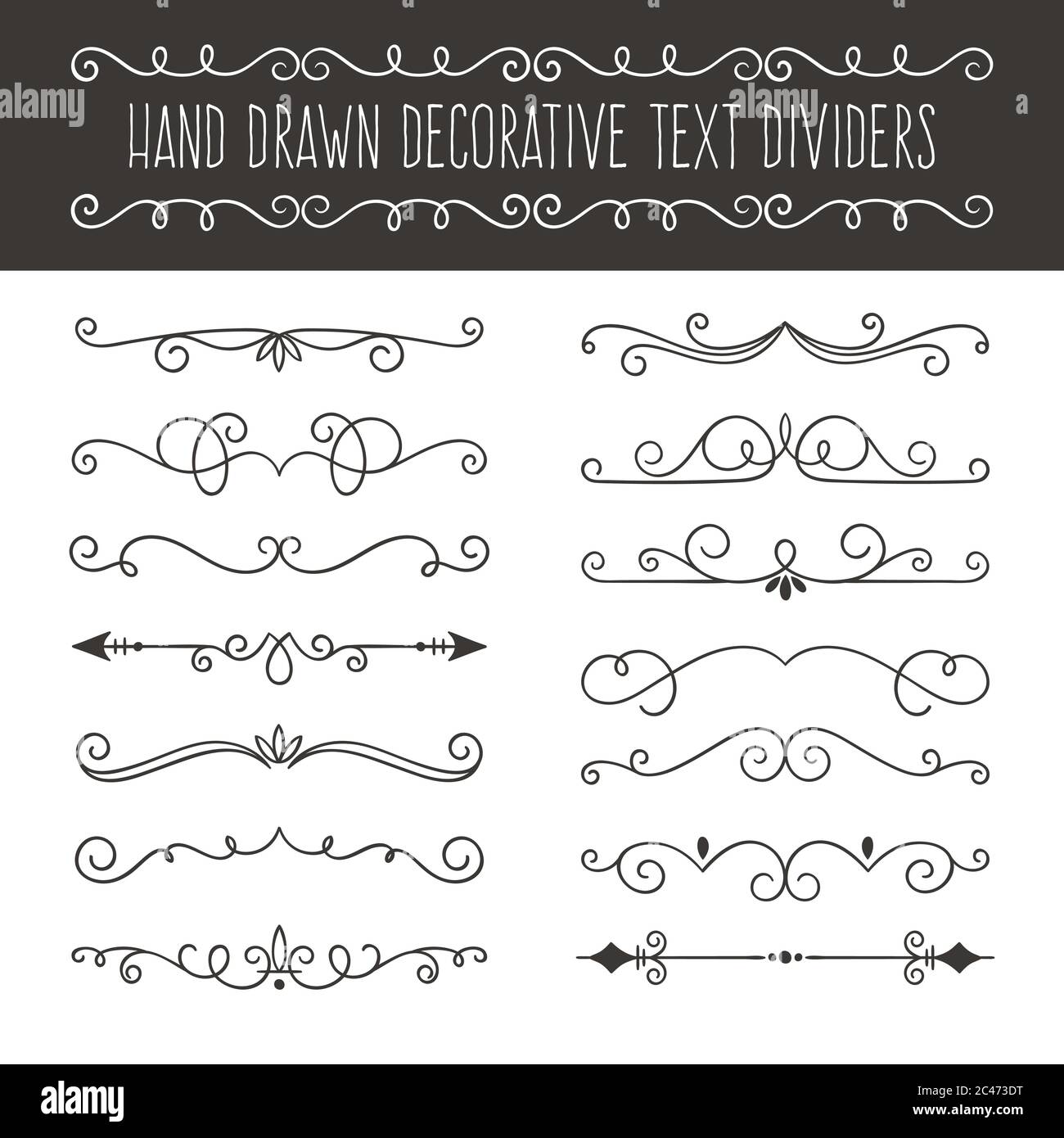 Calligraphic design set. 14 swirl single line ornaments. Page ...