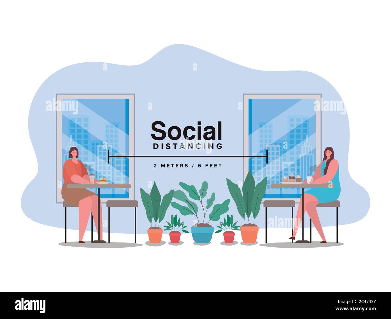 Social distancing between girls cartoons at table design of Covid 19 ...