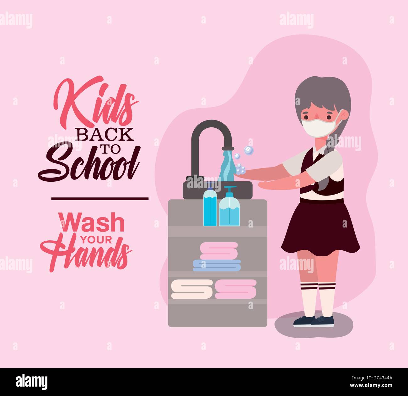 Girl kid with medical mask washing hands design, Back to school and ...