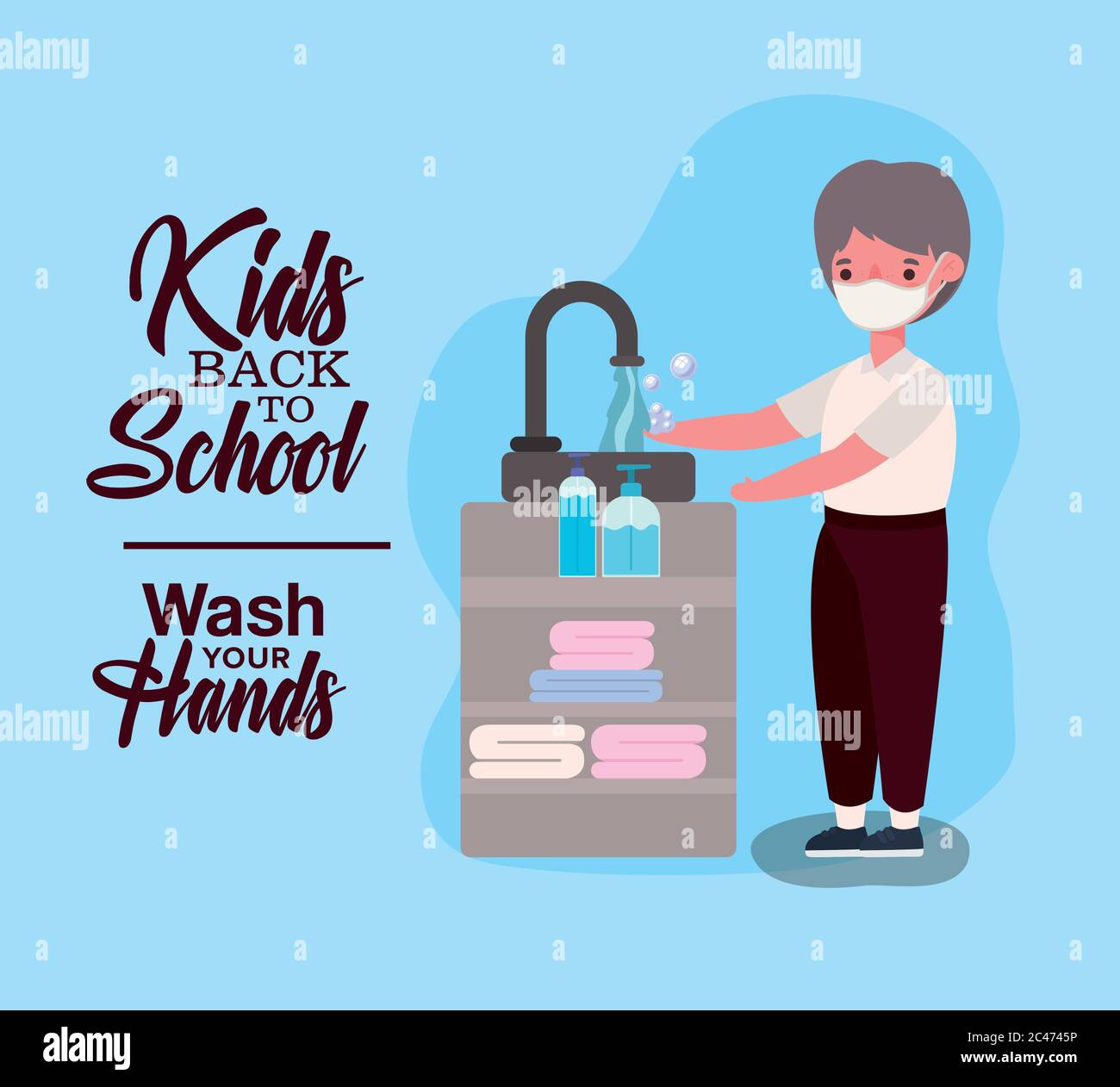 Boy kid with medical mask washing hands design, Back to school and ...