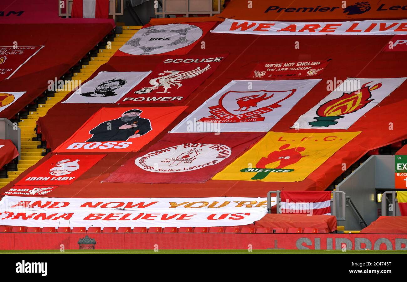 General view of flags and banners in the stands before the Premier ...