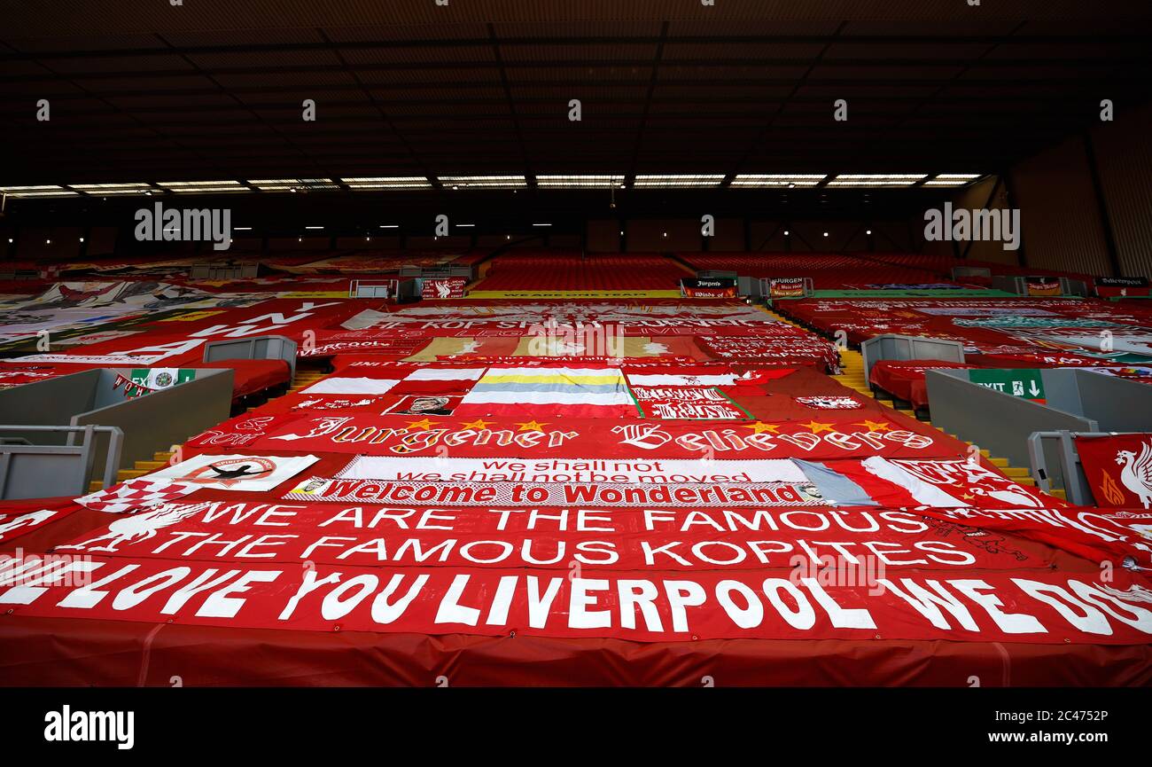 A general view of flags and banners in the stands before the Premier ...