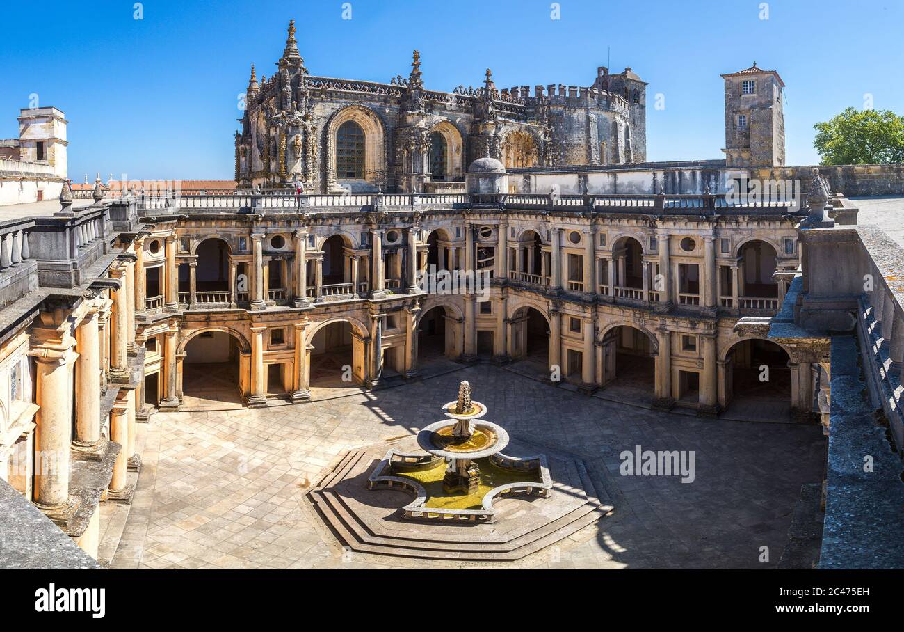 Central square of the inside medieval Templar castle in Tomar in a ...