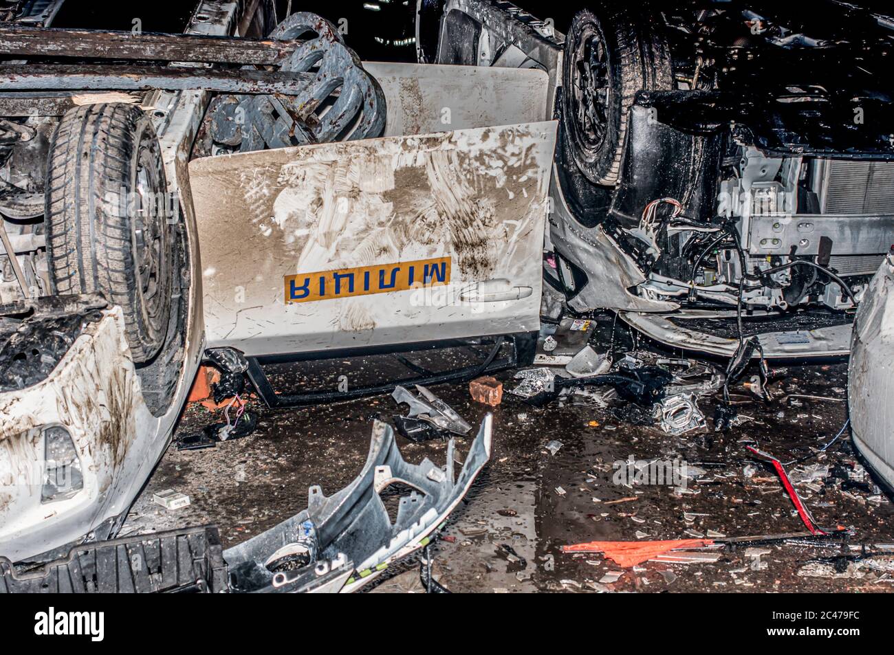 Ternopil, Ukraine - 18.02.2014 - Damaged police car near the burning ...