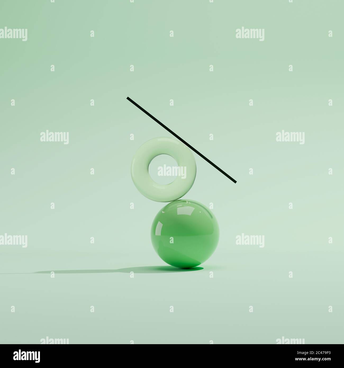 Ball, torus and stick. Minimalistic background with green objects ...