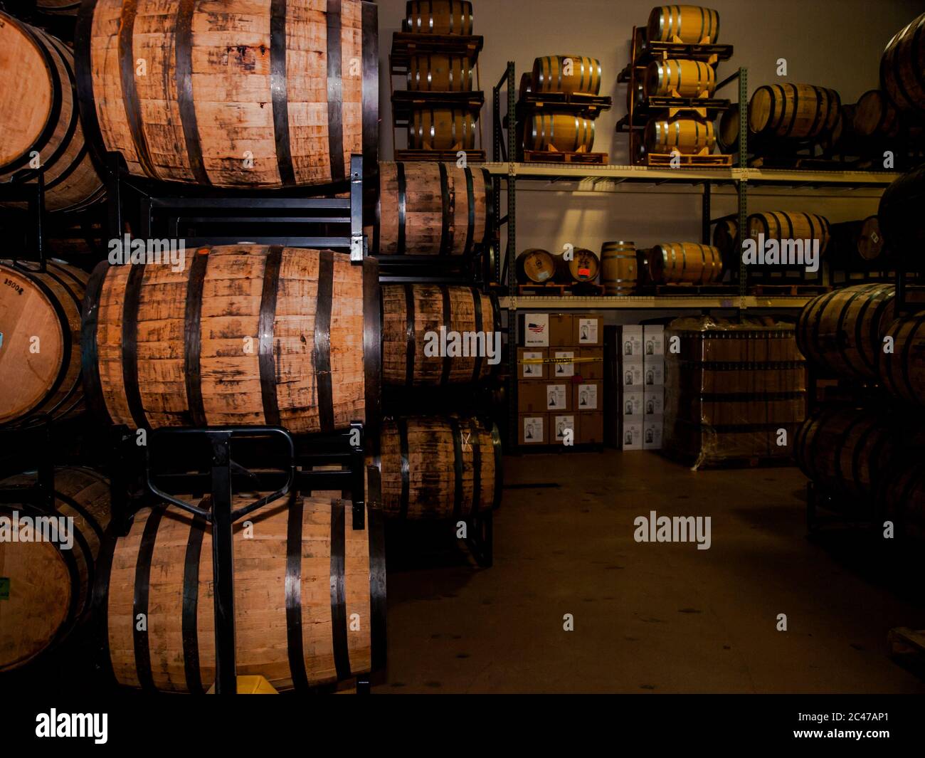 Modern Distillery Equipment. Oak Barrels at Ryan and Wood Distilleries ...