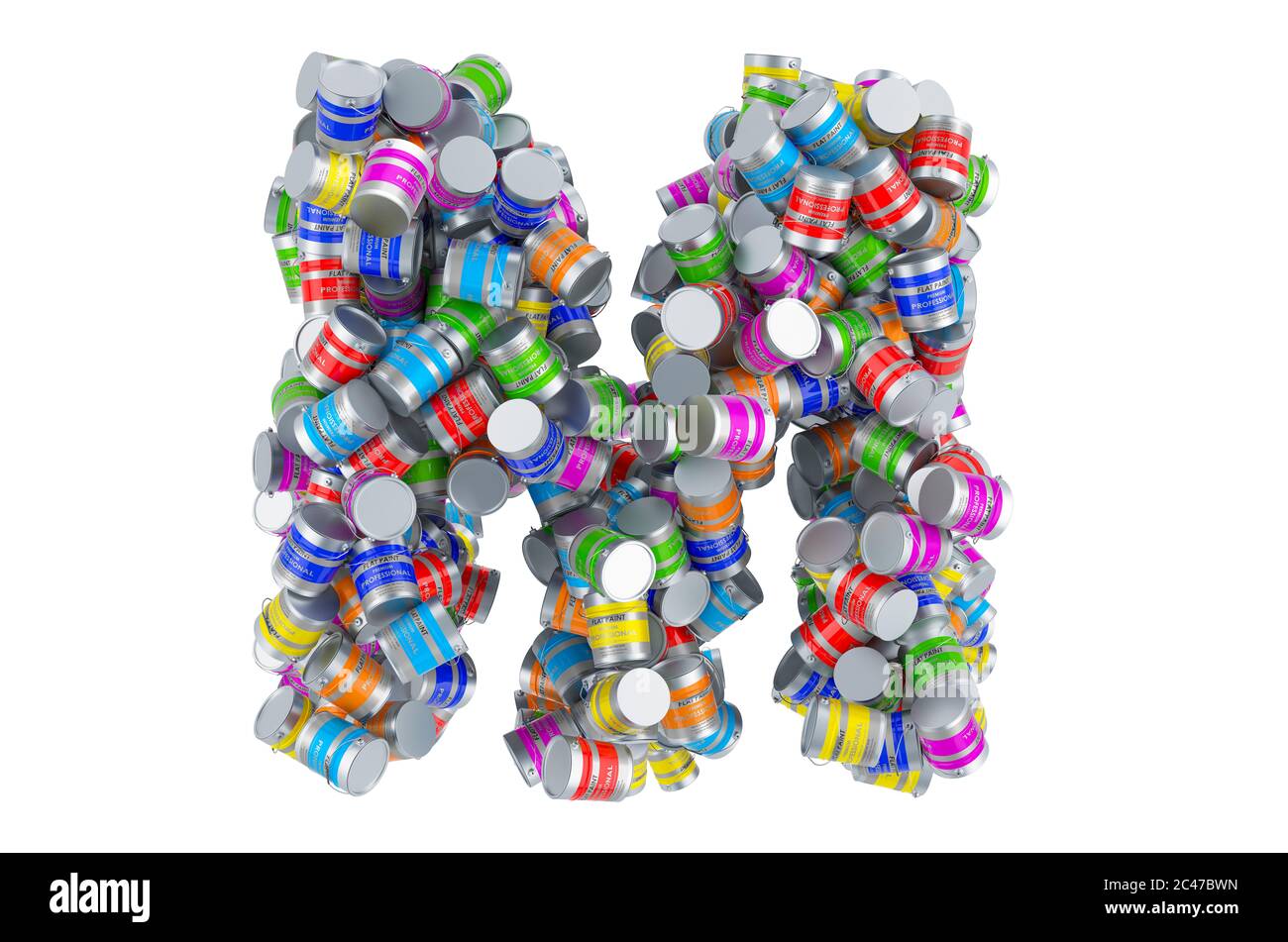 Letter M from colored paint cans, 3D rendering isolated on white ...