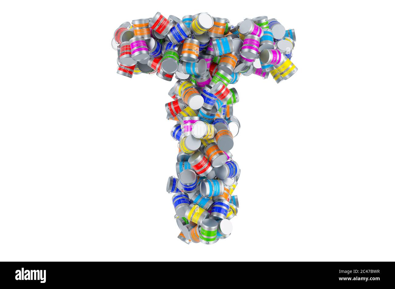 Letter T from colored paint cans, 3D rendering isolated on white ...